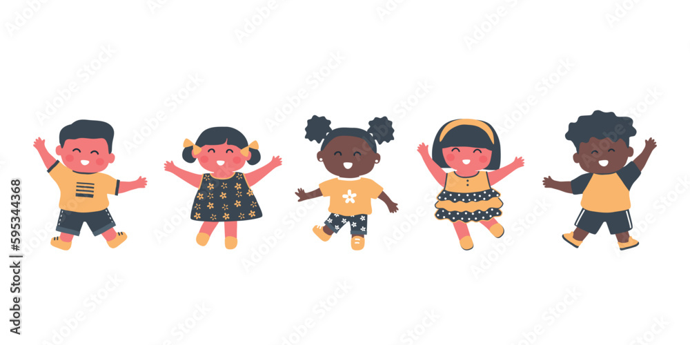 little children dance. Multicultural group of kids have fun. Happy baby ...