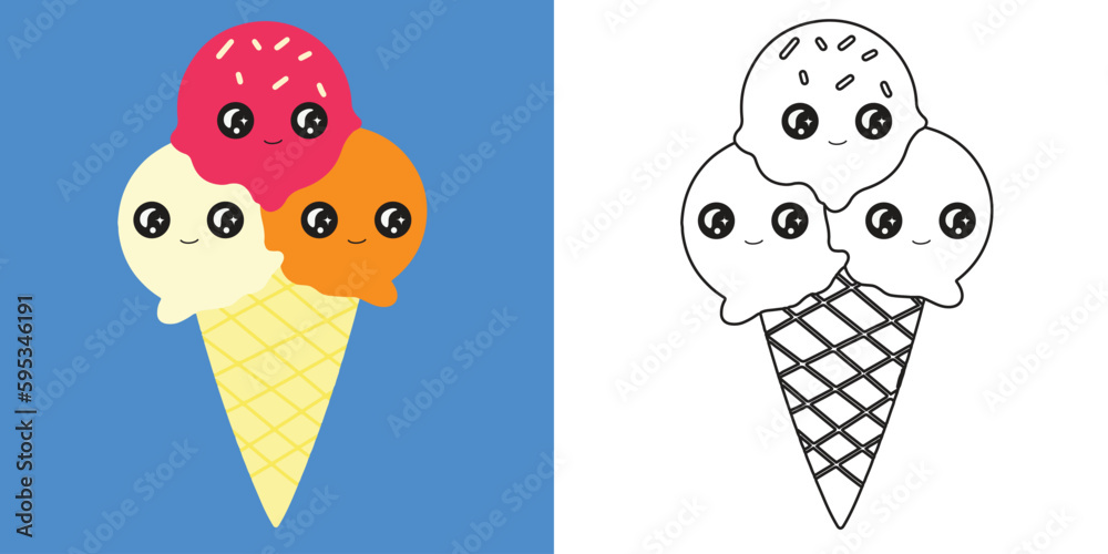 Coloring page triple ice cream cone. Coloring book for children ...