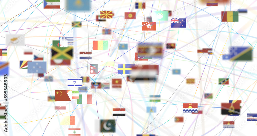 Connection lines Around map with all country flags, Futuristic ...