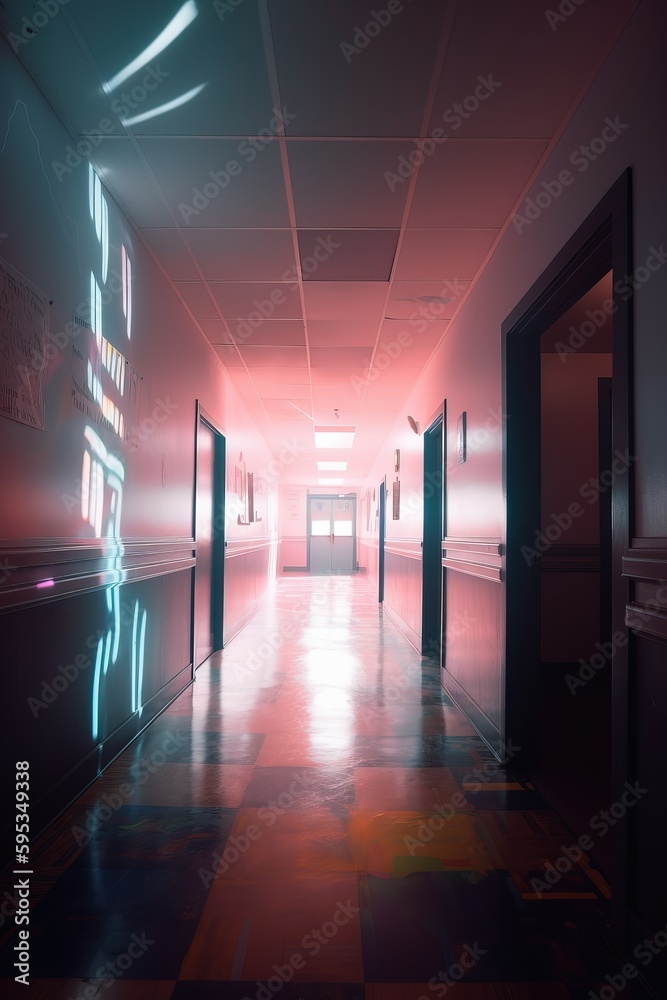 High school hallway lo-fi retro 80s and 90s background. Crazy lights ...