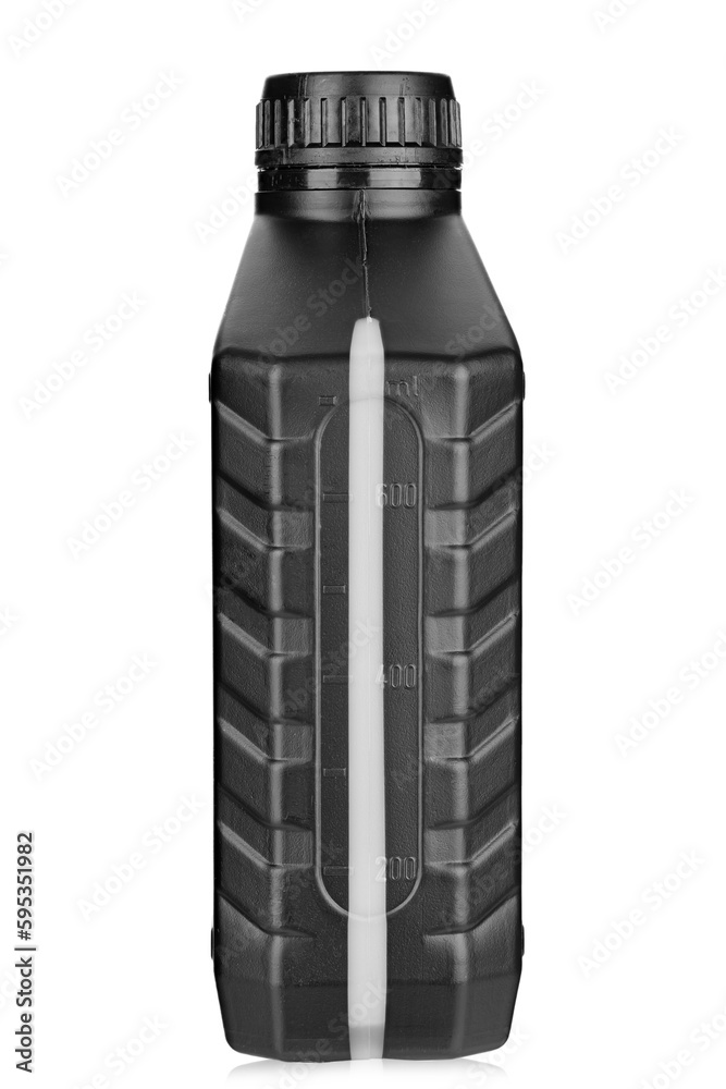 Plastic black container for engine oil. Side view. Isolated on white ...