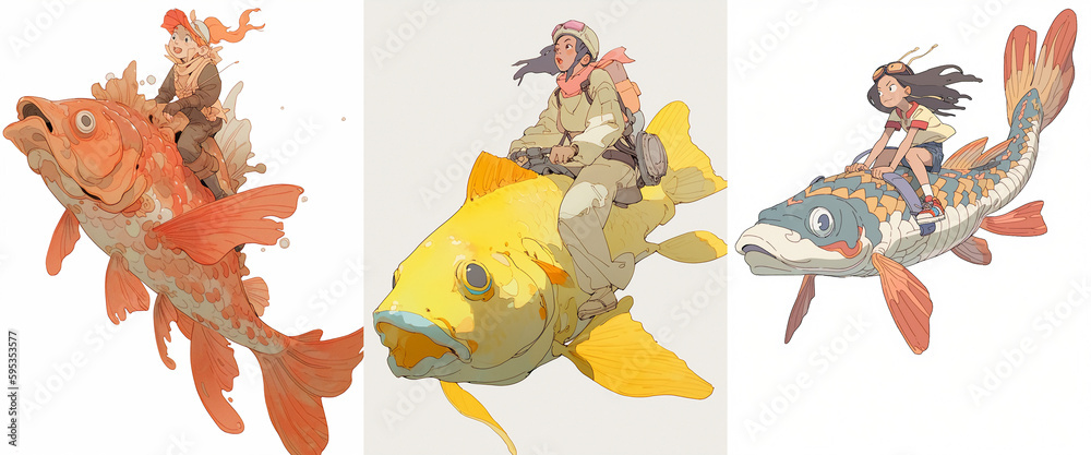 Various illustrations of cartoon girls with fish. Character design on ...