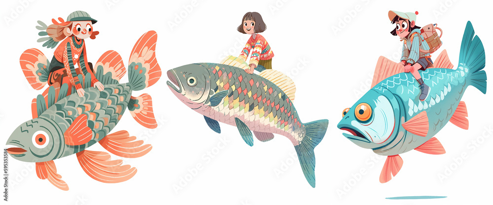 Various illustrations of cartoon girls with fish. Character design on ...