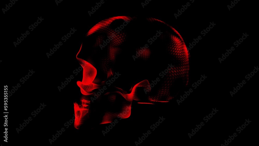 A human skull with red flashes on a black background. Skull scanning. A ...