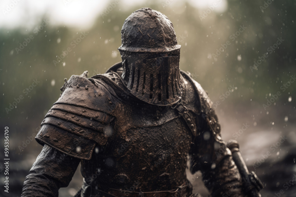 On the battlefield, a lone armored knight stands with a sword in hand ...