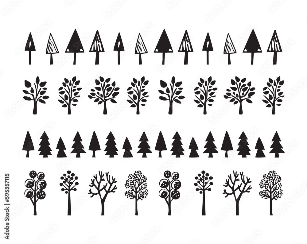 Collection of woodland tree scandi linocut vector border. Washi tape ...