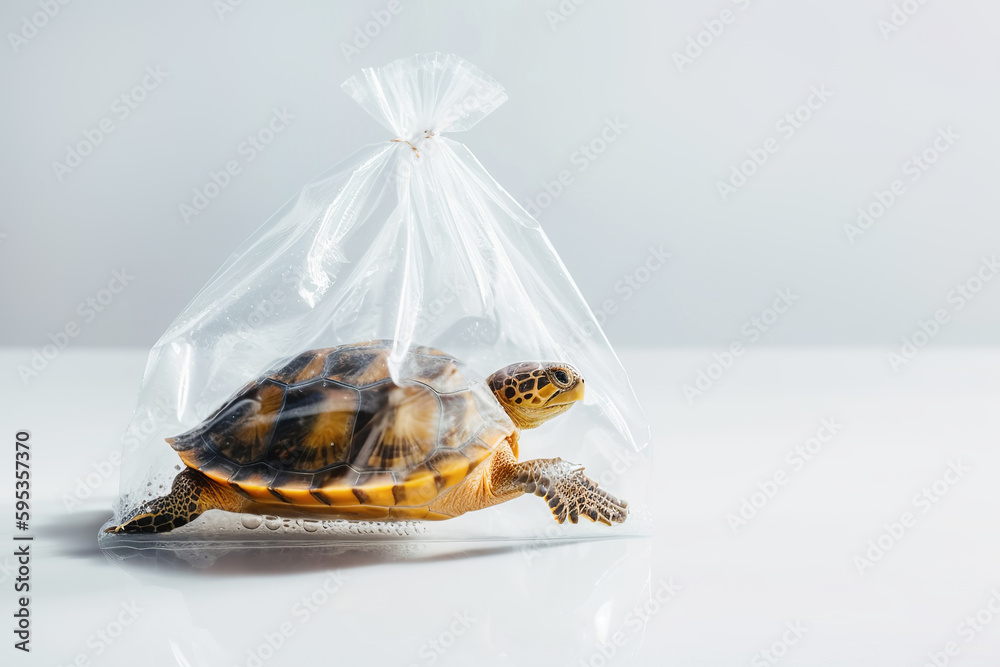 Turtle in plastic bag. Platic pollution problem. Environment concept ...
