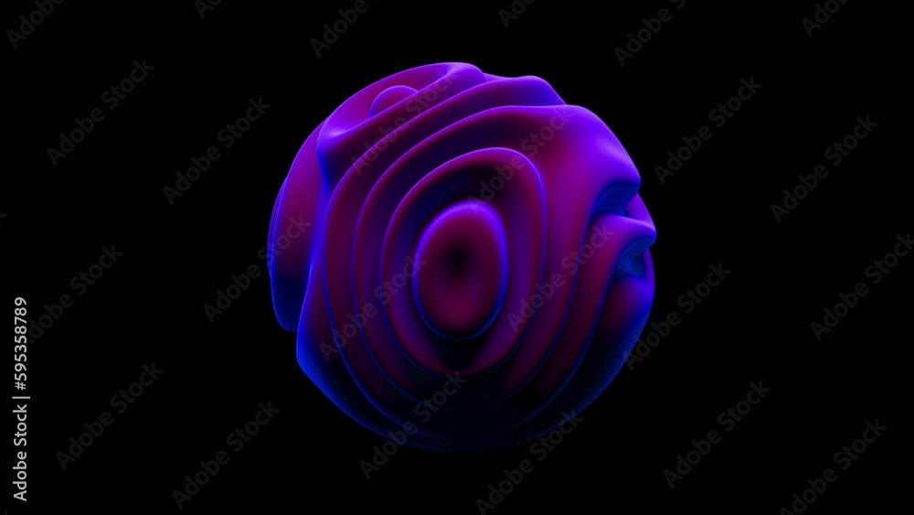 Neon rotating sphere with moving waving surface on black background ...