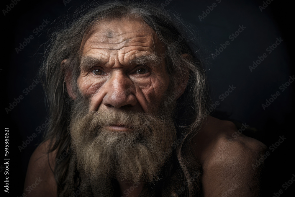 Portrait of prehistoric man on dark background. Face of Neanderthal ...