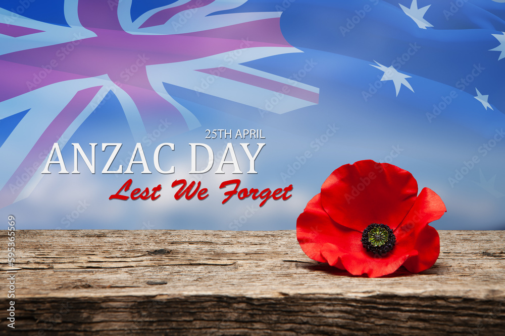 Poppy pin for Anzac Day. Poppy flower on old beautiful high grain ...