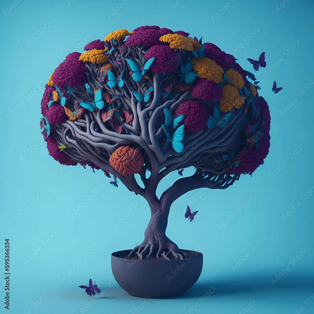 Human brain tree with flowers and butterflies, creative mind, wellbeing ...
