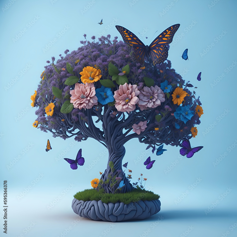 Human brain tree with flowers and butterflies, creative mind, wellbeing ...