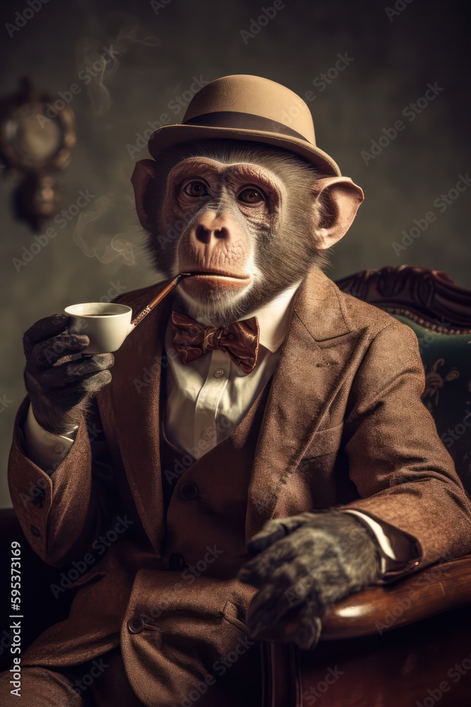 Portrait of a monkey gentleman wearing a great suit, he smokes a coffee ...