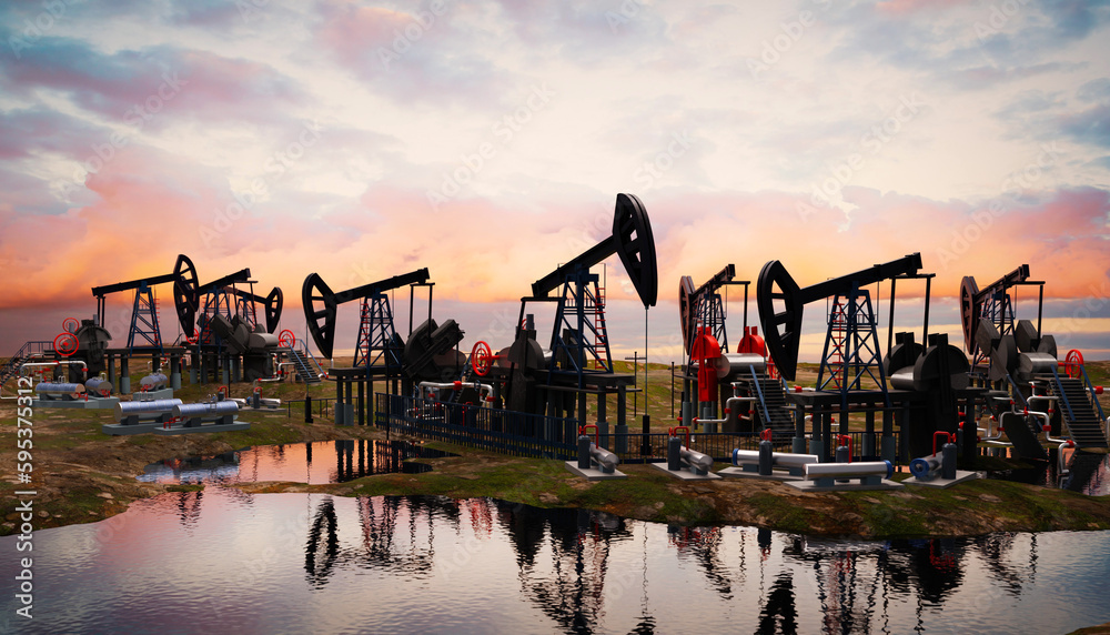 Drilling derricks silhouette from oil field at sunset. Energy supply ...