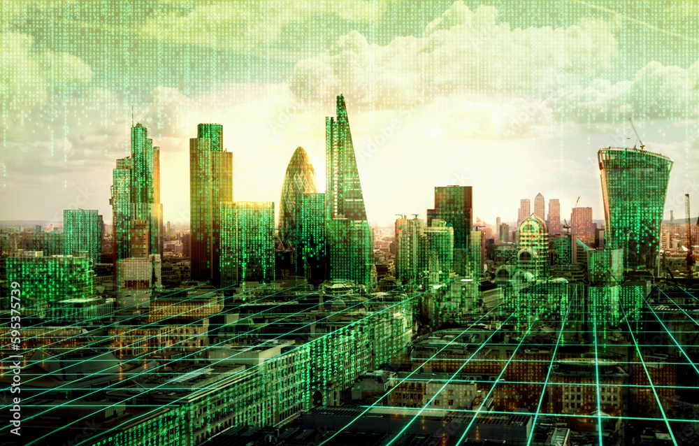 City of London view with matrix concept and digital connections ...
