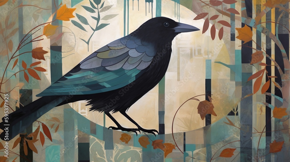 Storybook / Folk Art Style Raven in a Forest Clearing with Trees ...