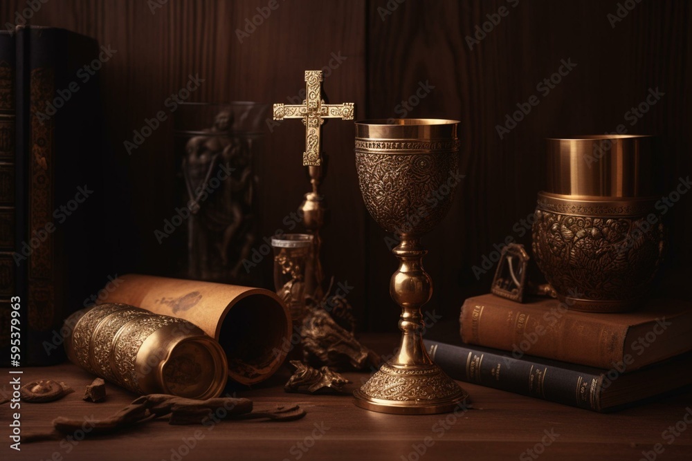 Symbolic representation of Catholic religion featuring Jesus, the cross ...