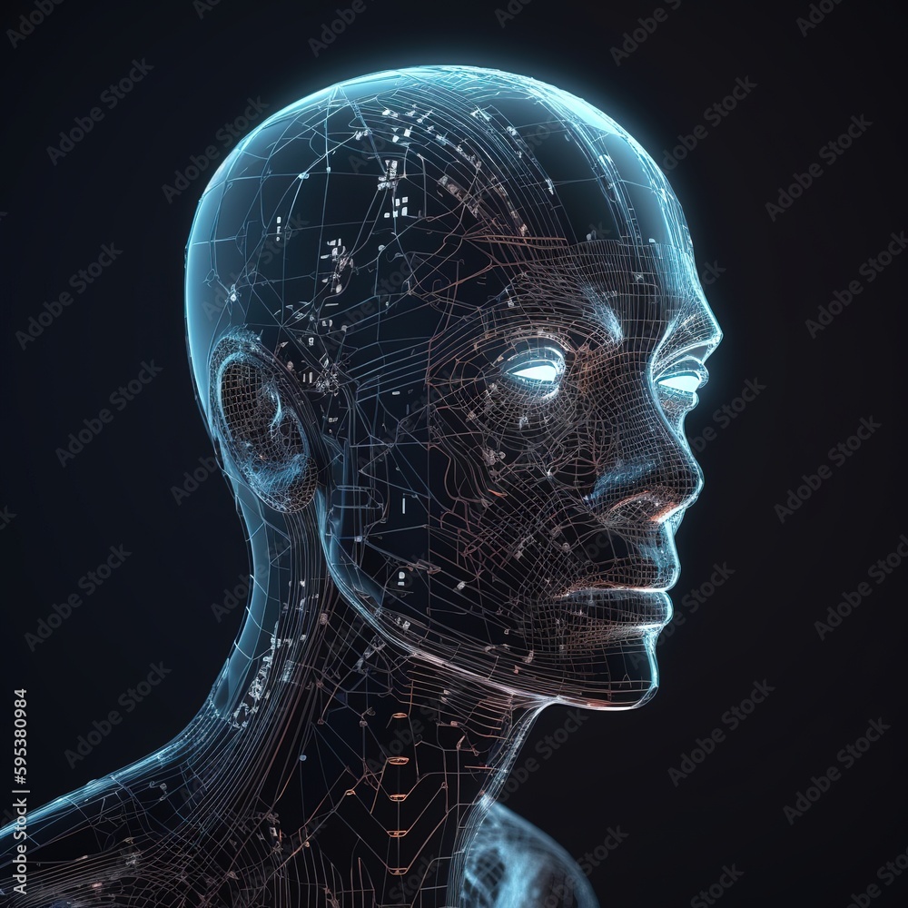 Futuristic rendering of a human face. Concept of artificial ...