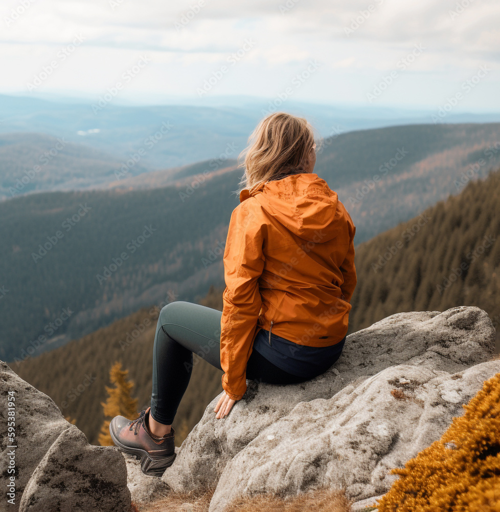 Hiker girl sitting on a cliff edge enjoying scenic fall view. Woman ...