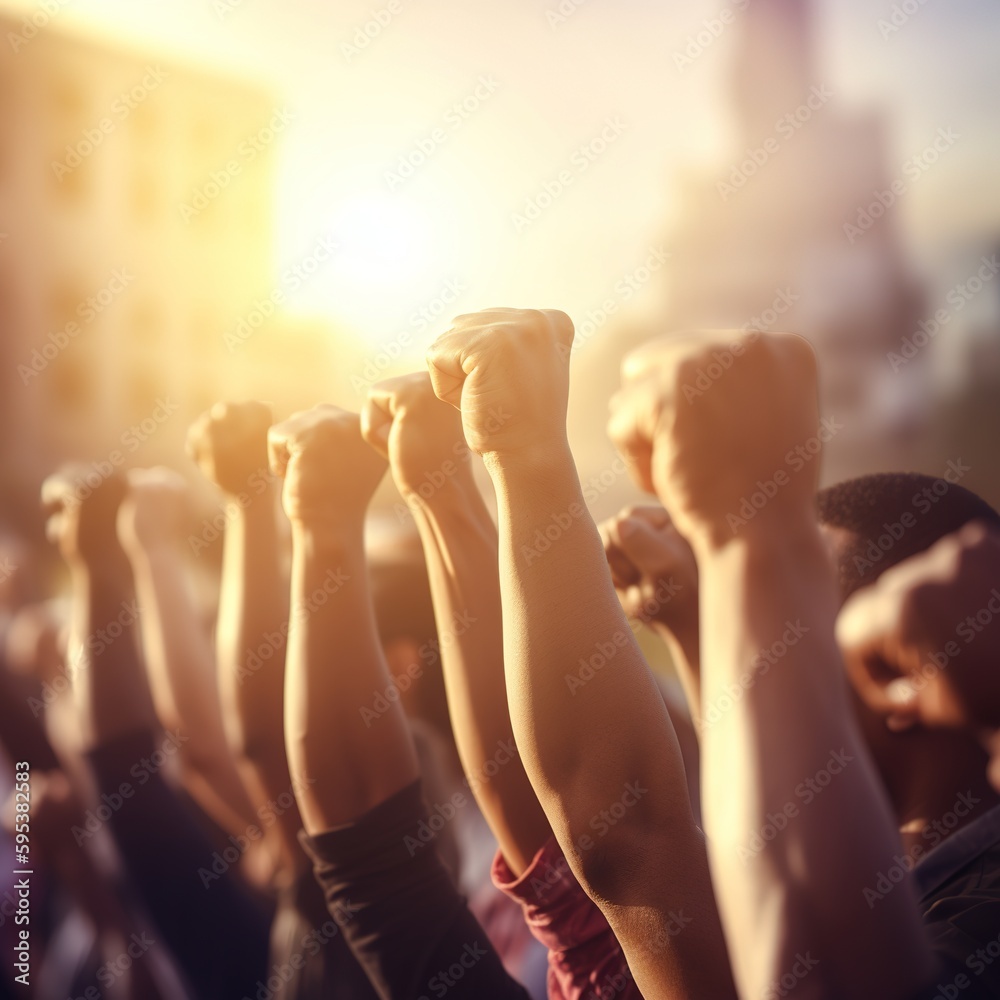 Peoples raised fist air fighting and sunlight effect, Competition ...
