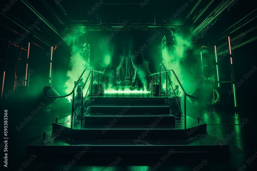 Futuristic green stage with neon light and smoke. Alien stand platform ...