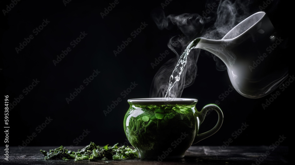 Cup of Tea, Steam Rises from Hot Aromatic Green Chinese tea with mint ...