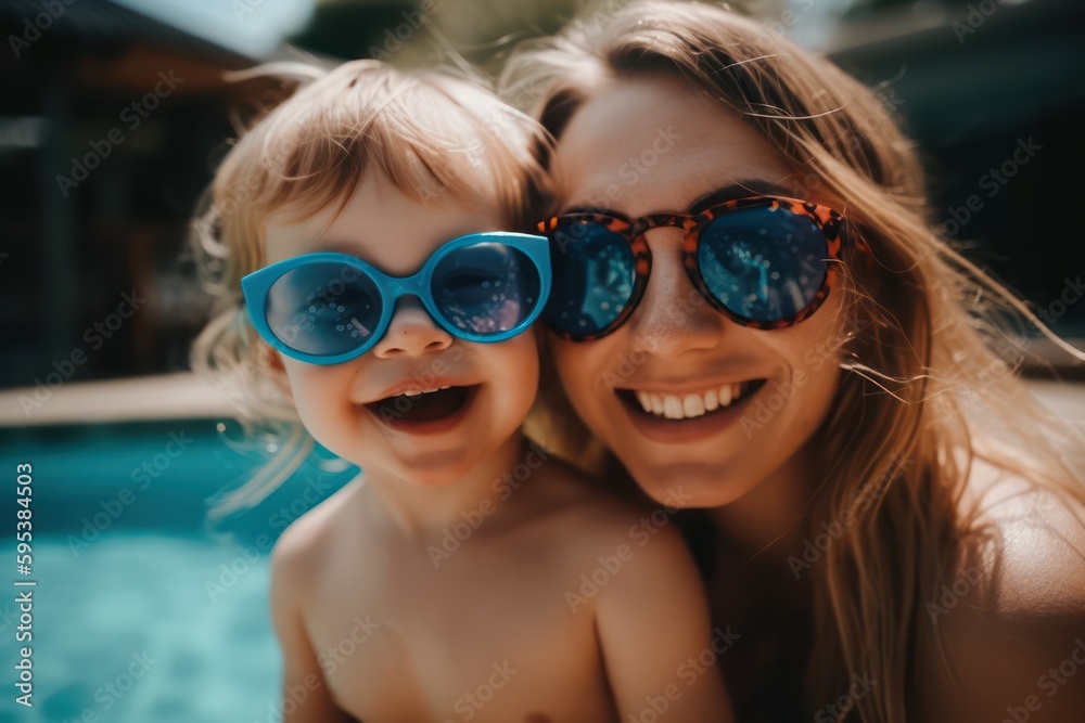 "Mother and daughter enjoy a summer afternoon in a swimming pool, both ...