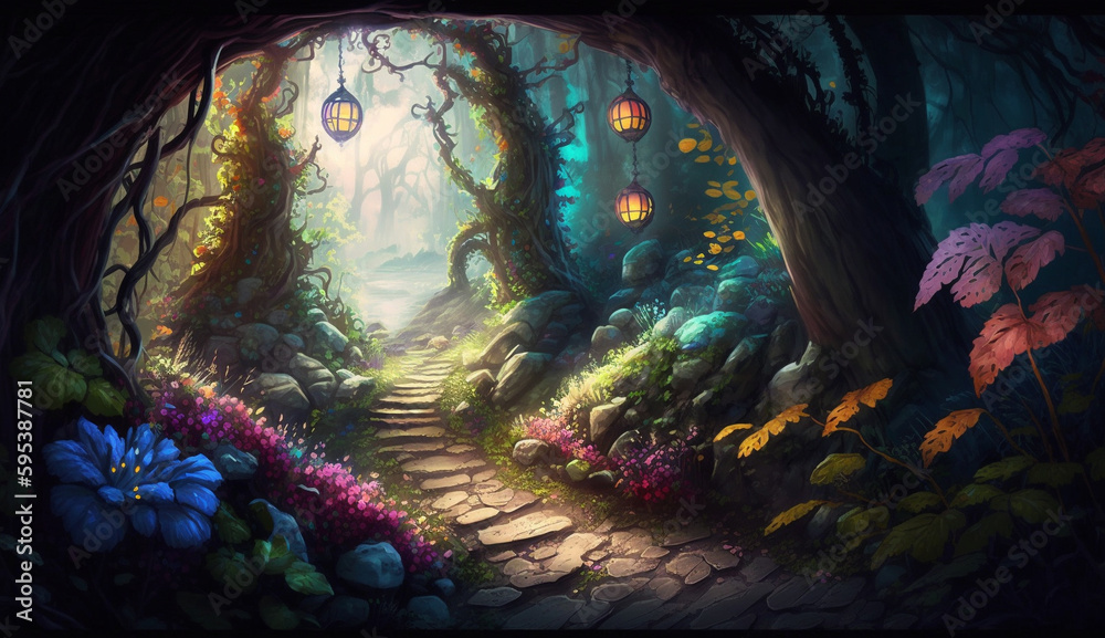 Generative AI: Enchanted Forest's Magical Pathway Stock Illustration ...