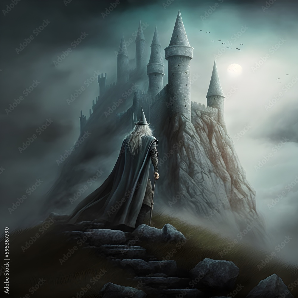 gandalf from lord of the rings approaching from the side of the castle ...