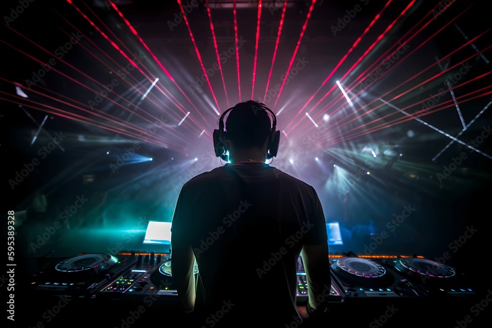 Dj in a nightclub scene with lights and lasers. Night scene of ...