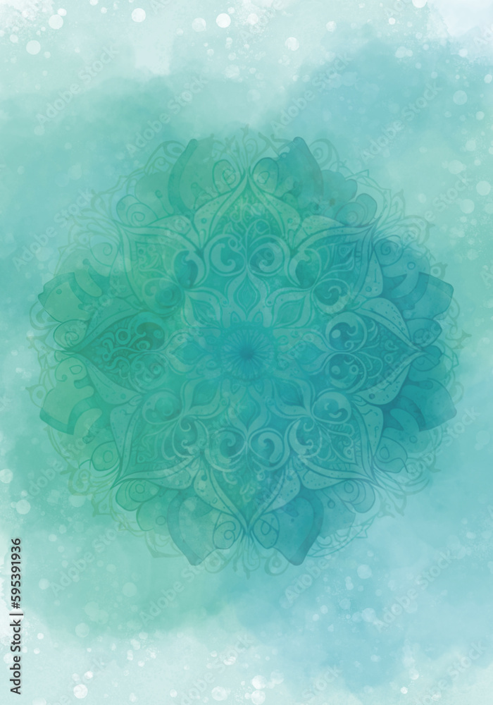Abstract blue green watercolor background with mandala. Watercolor ...