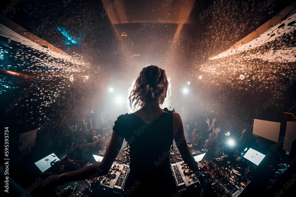 Dj in nightclub scene with lights and lasers. Woman Female Shot from ...