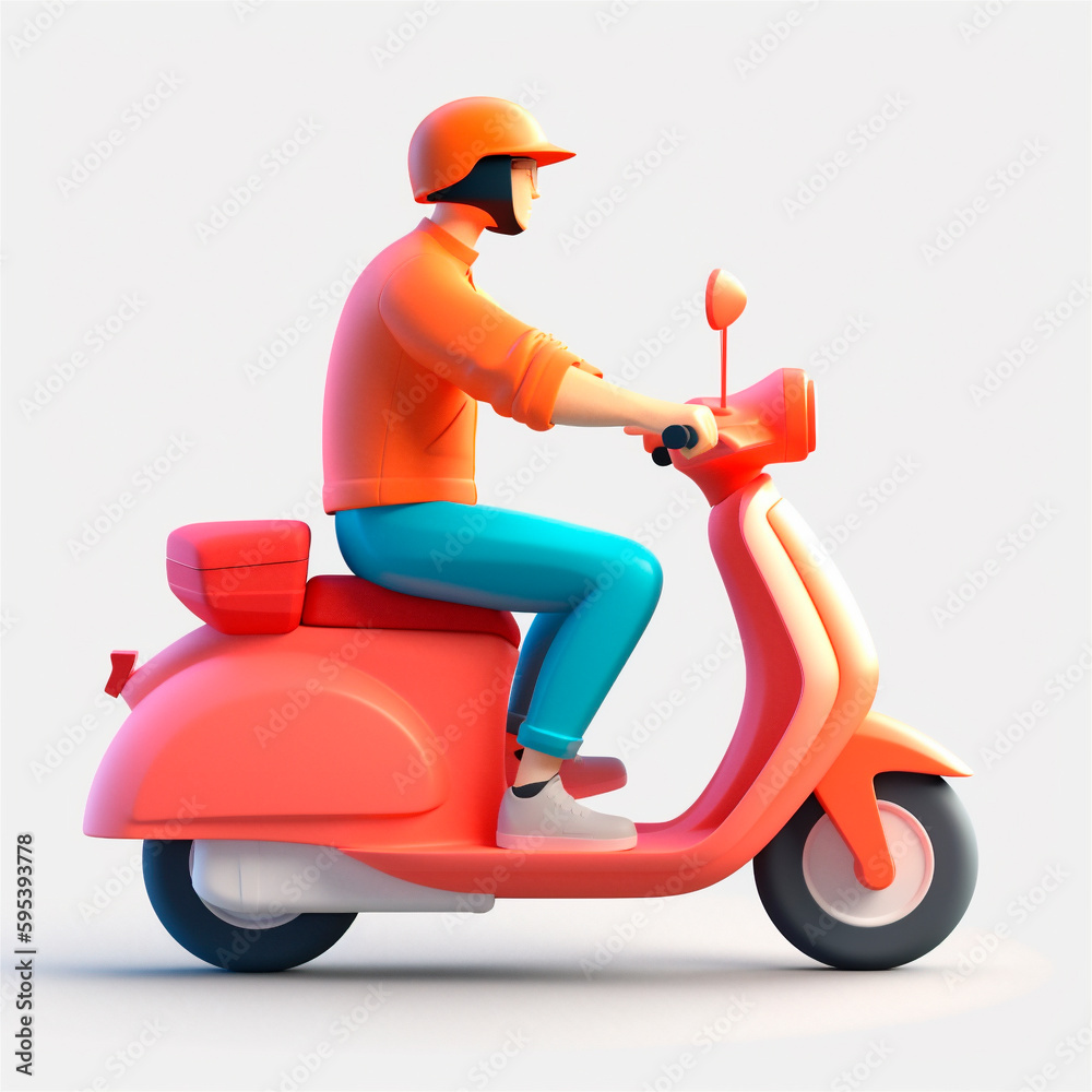 Delivery man riding moped scooter. 3D icon cartoon style isolated on ...