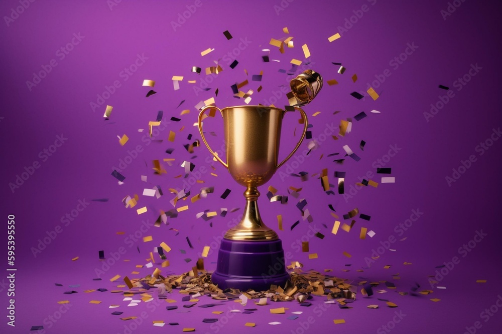 Purple background with a cartoon champions trophy and confetti falling ...