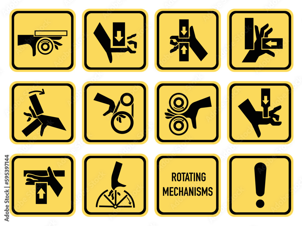 Hand entrapment hazard signs. Hand tightening warning sign. EPS 10 ...
