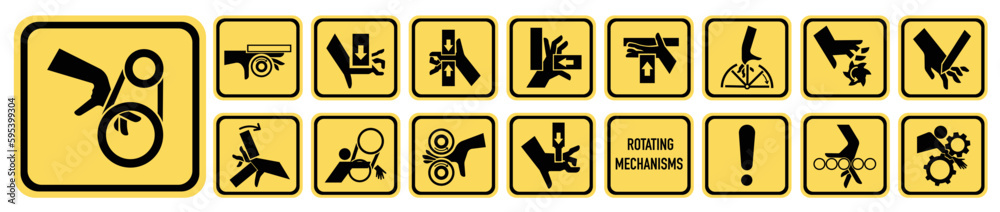 Hand entrapment hazard signs. Hand tightening warning sign. EPS 10 ...