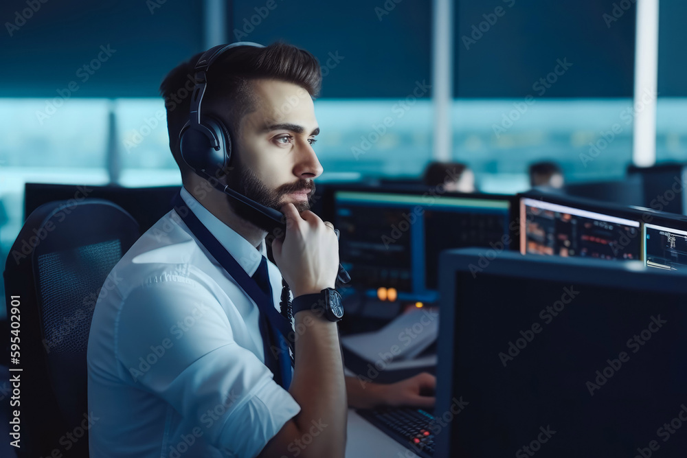 System control center man working in Air traffic control workplace ...