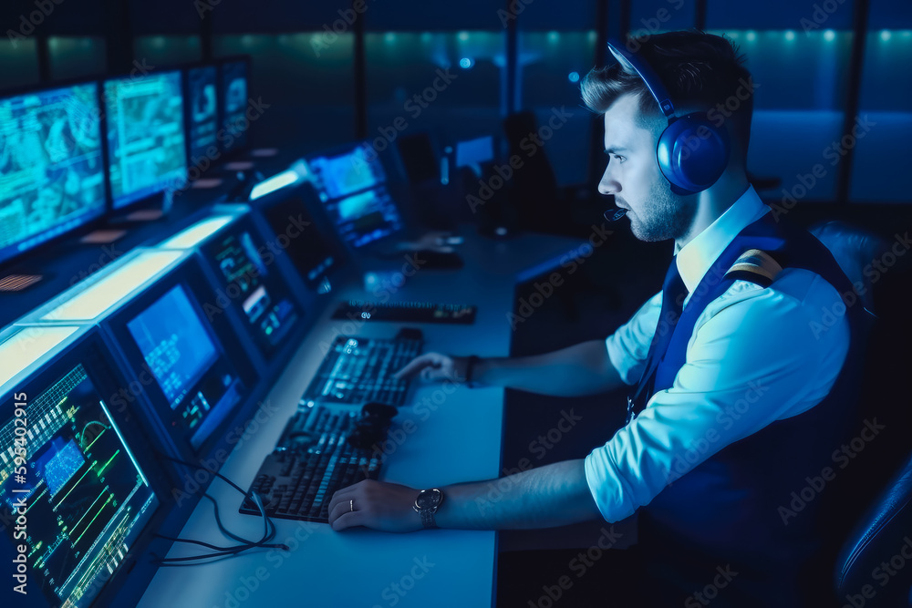 System control center man working in Air traffic control workplace ...