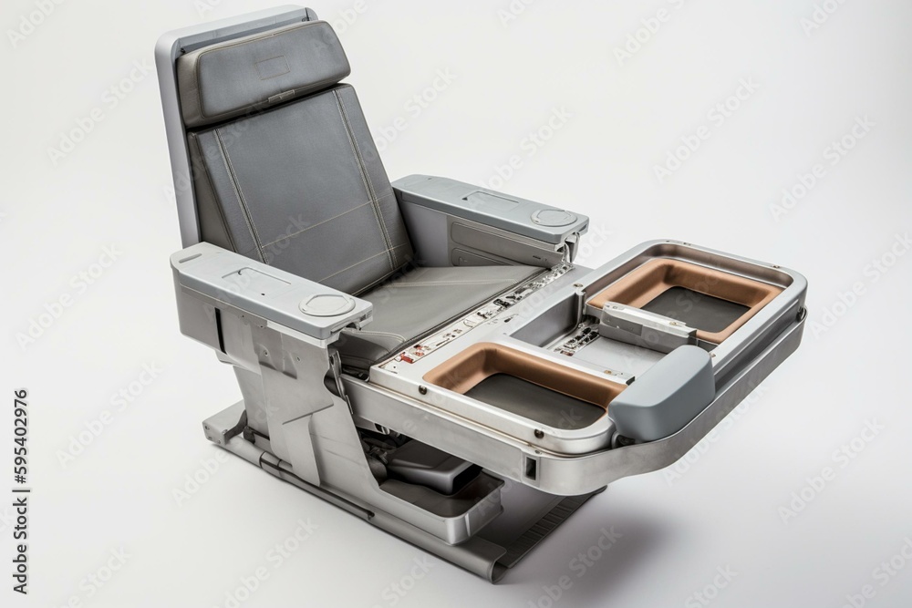 Airplane seat with tray table shown open and closed on white background ...