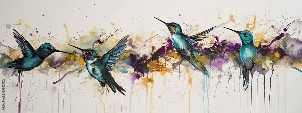 alcohol ink art of colorful hummingbirds - wide border - Generative AI ...
