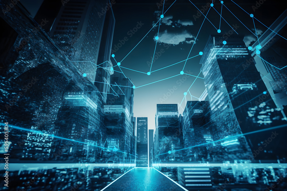 internet of things, networks and augmented reality concept, night scene ...