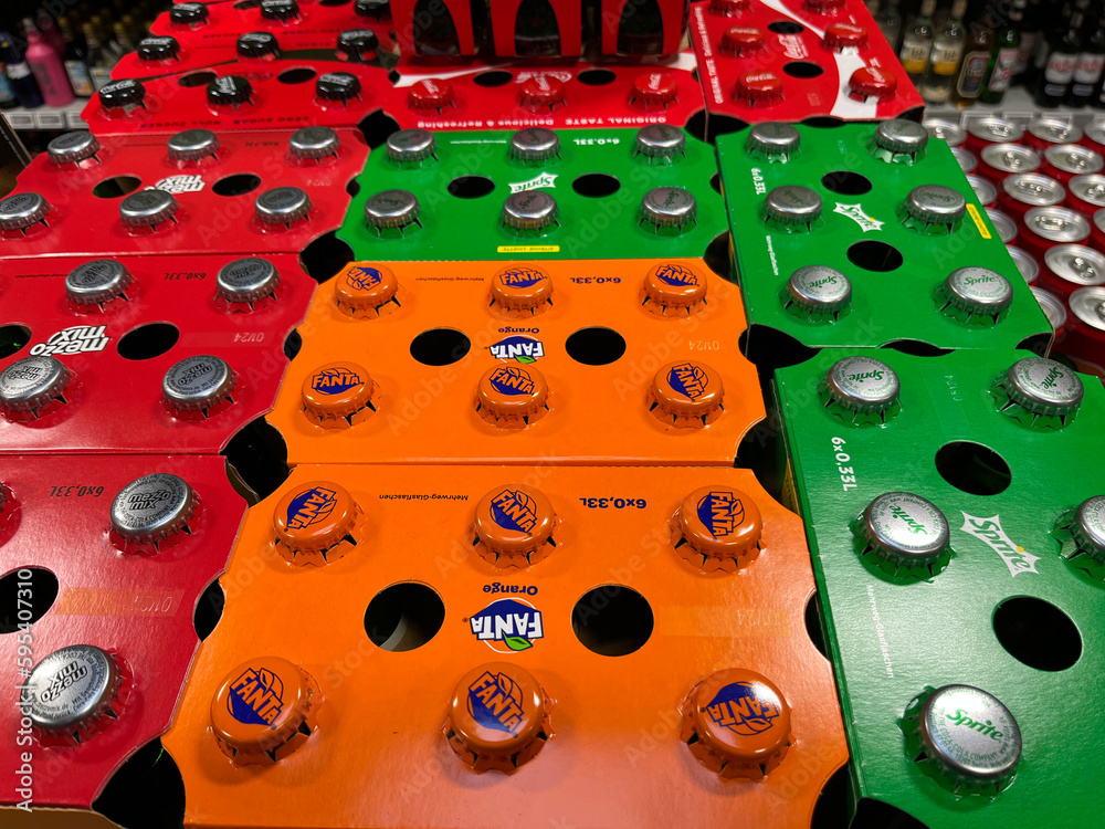 GERMANY - APR 22 2023: Multiple bottles of Coca-Cola Drinks displayed ...