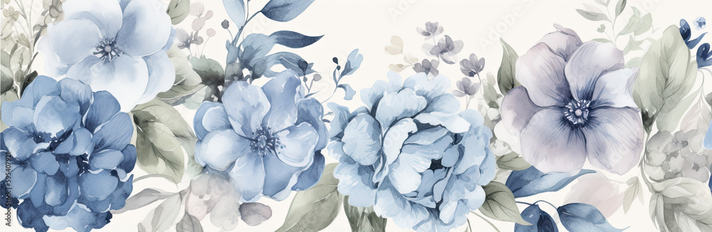 watercolor illustration of dusty blue flowers in wide border ...