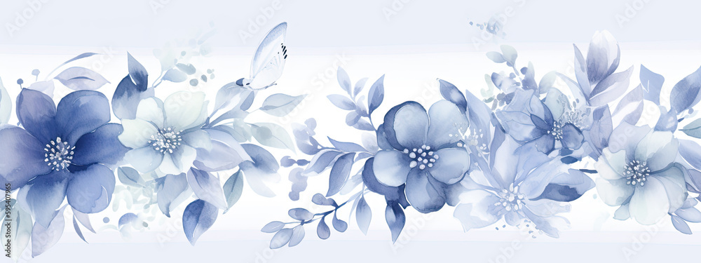 watercolor illustration of dusty blue flowers in wide border ...