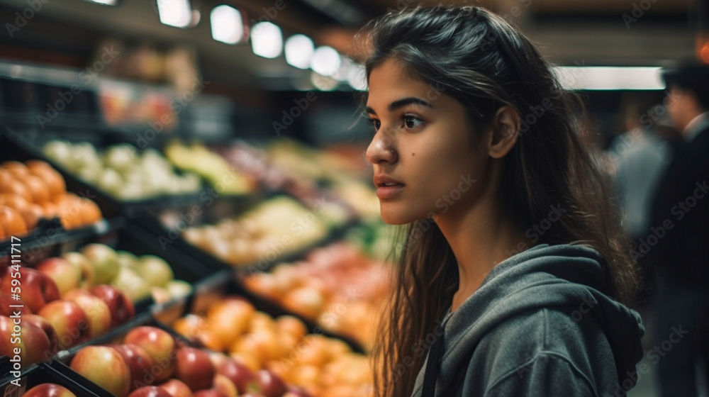 Closeup candid photograph of a woman shopping for groceries fruits and ...