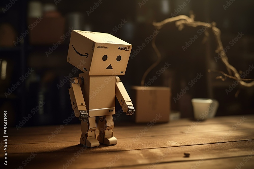 Adorable robot assistant with one missing leg grasping a cardboard ...
