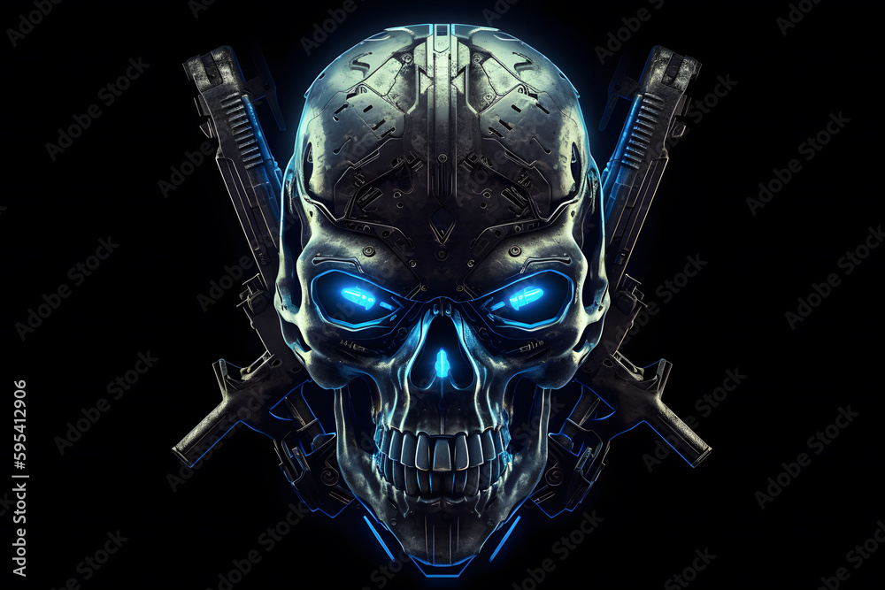 Blue punk cyber human skull with weapon. Neural network AI generated ...