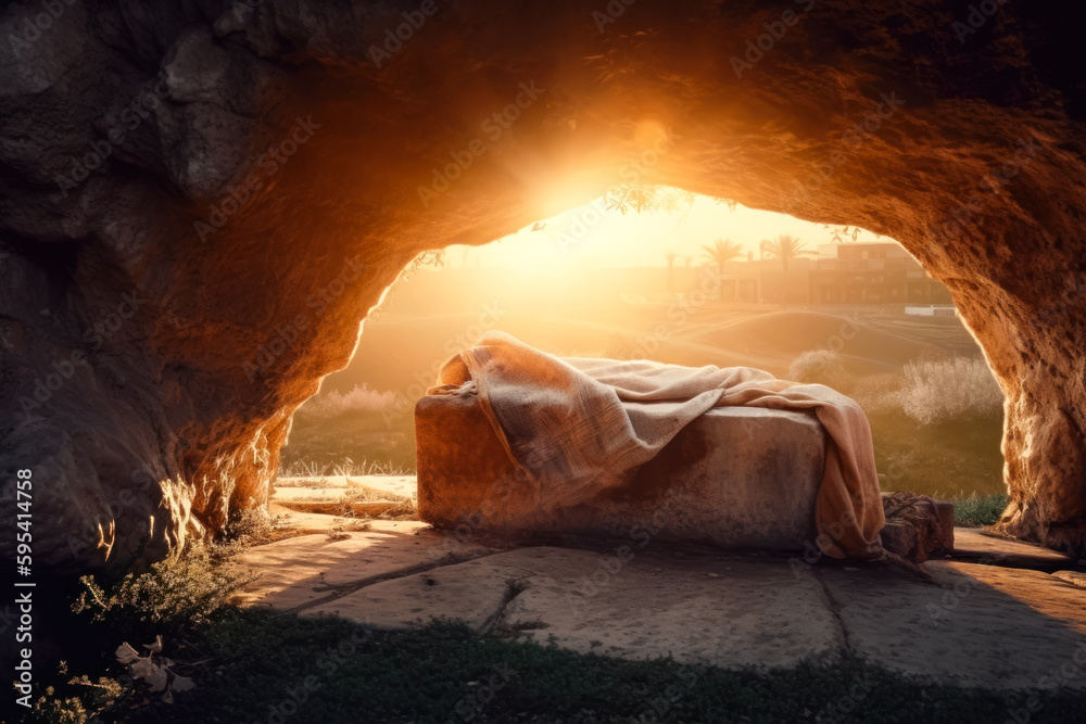 Tomb Empty With Shroud And Crucifixion At Sunrise. Resurrection Of ...