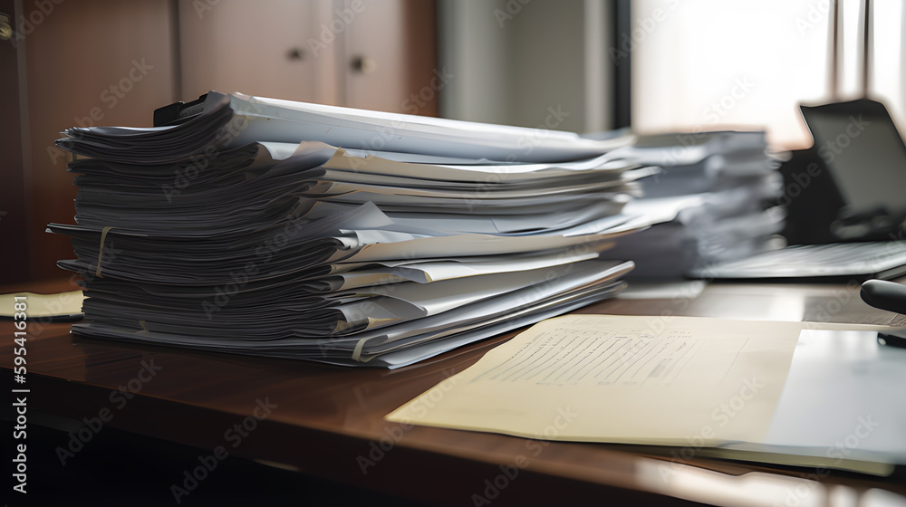 This illustration shows a desk that is overflowing with paperwork. It ...