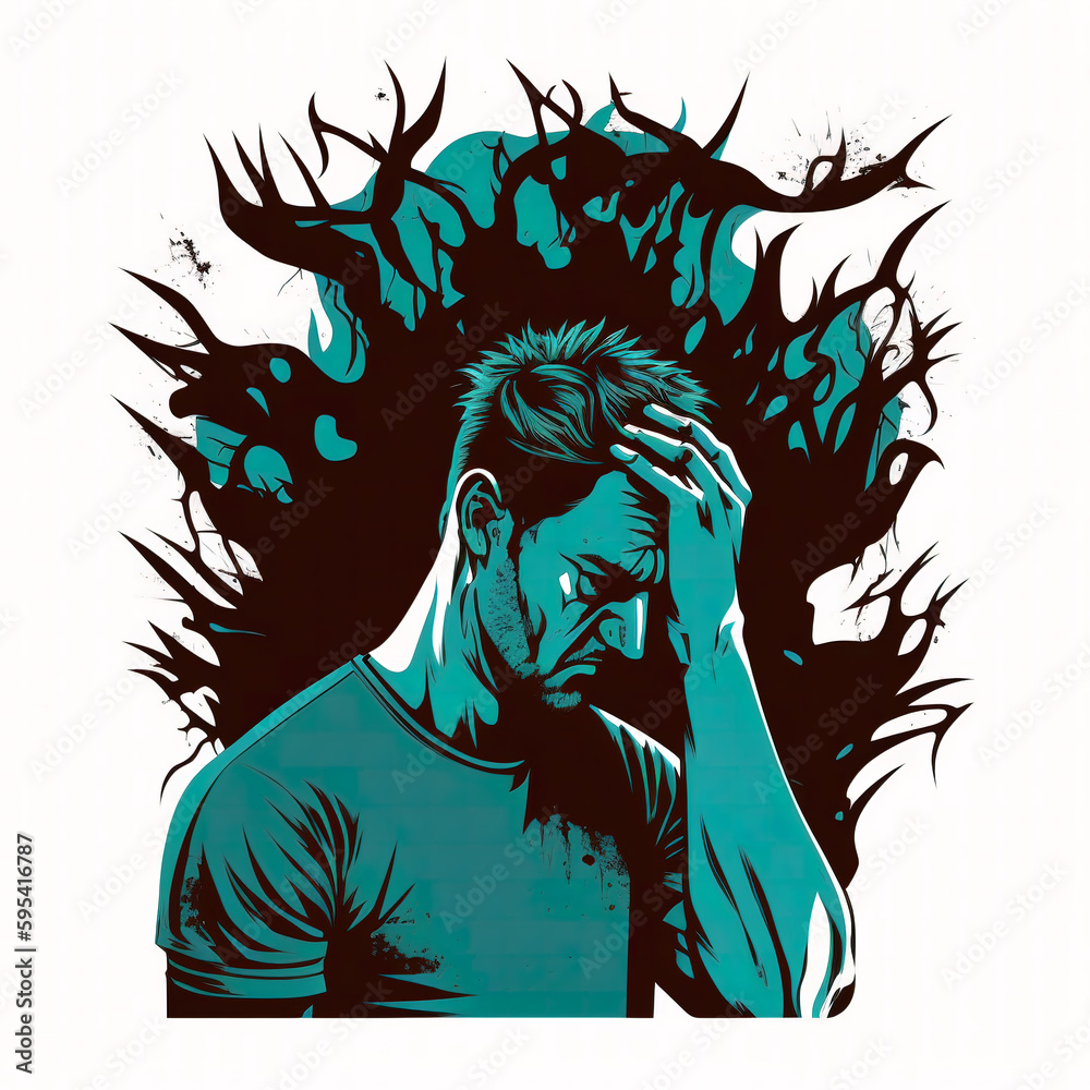 A stressed out adult holding his head, Mental health awareness concept ...